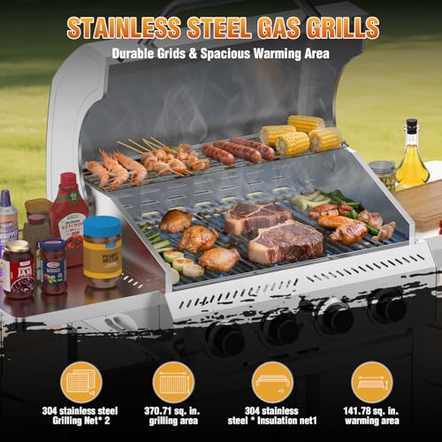 R.W.FLAME 4-Burner Gas Grill, Propane Grill with Folding Side Tables ...