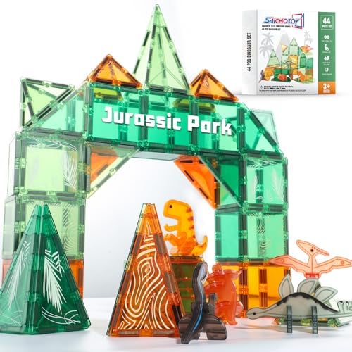 Dinosaur Toys Magnetic Tiles: 44 PCS Magnet Tiles Building Blocks, Dino ...