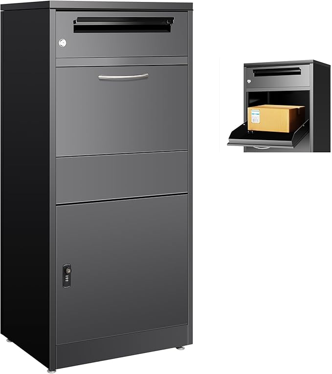 45" Package Delivery Box for Outside - Lockable Black Metal Parcel Drop ...