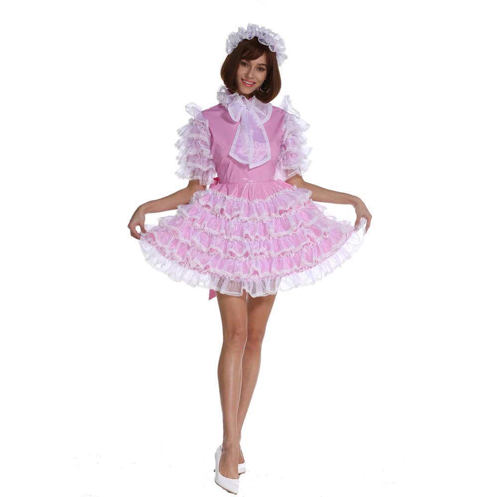 GOceBaby Adult Sissy Girl Maid Pink PVC Lockable Puffy Dress Costume ...