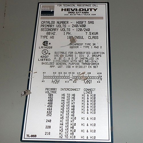 GENERAL SIGNAL HEVI-DUTY 240 X 480 TO 120/240VAC STEP DOWN TRANSFORMER ...