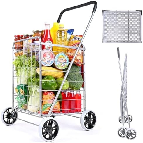 Amazon.com: Folding Shopping Cart, Collapsible Grocery Rolling Utility ...