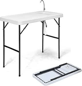 COSTWAY Folding Camping Sink Table, Fish Cleaning Cutting Station with ...