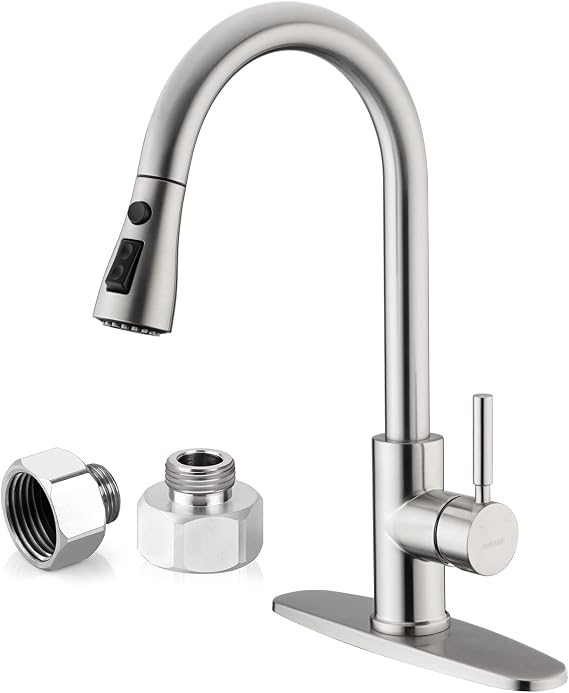 WEWE Single Handle High Arc Brushed Nickel Pull Out Kitchen Faucet ...