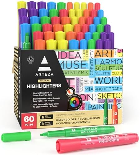 ARTEZA Coloured Highlighter Pens, Set of 60, Wide and Narrow Chisel ...