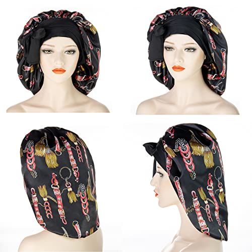 MUFEKUM Hair Bonnet for Sleeping, Printing Satin Bonnet with Stretchy ...