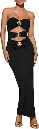 Amazon.com: WDIRARA Women's Cut Out Strapless Tube Dress Metal Flower ...