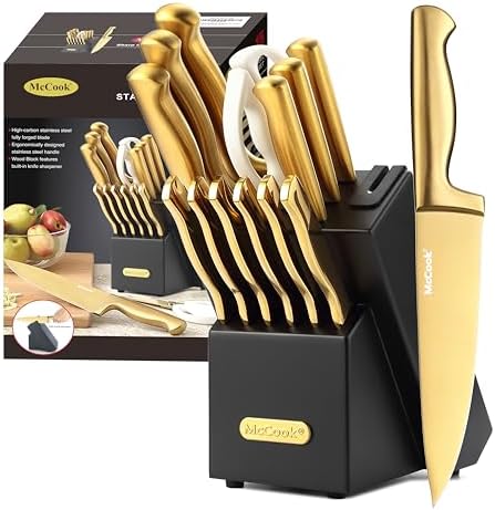 Amazon.com: Gold Knife Set for Kitchen with Block and Sharpener – 14 ...