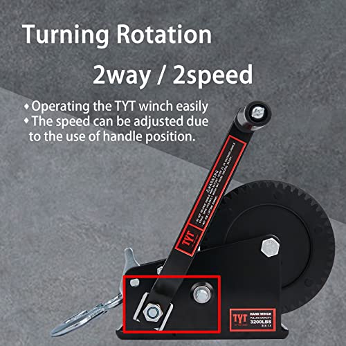 TYT 3200LB Hand Crank Winch with Steel Cable, Mounting Base 7.55in x 3 ...