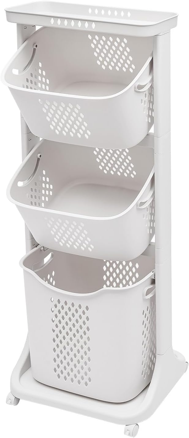 Amazon.com: Laundry Basket with Wheels, 3-Tier Rolling Laundry Sorter ...