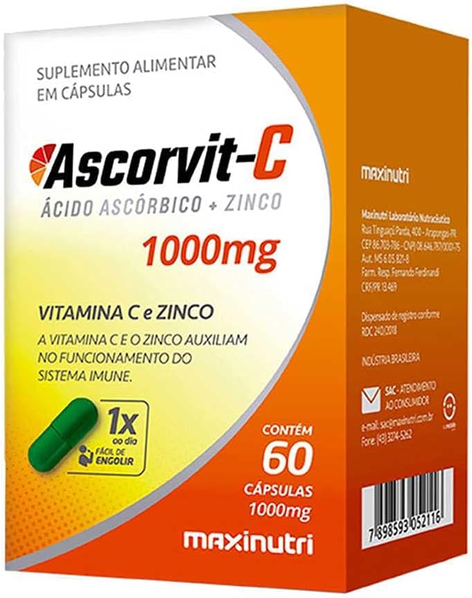 Ascorvit-C 1G (Vitamina C + Zinco) - 60 Caps, Maxinutri | Amazon.com.br
