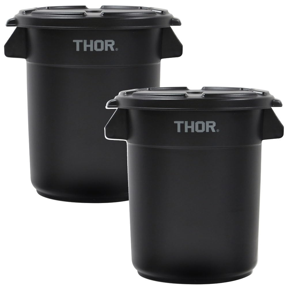 Amazon｜THOR ROUND CONTAINER ソー ラウンドコンテナ 23L 2個セット フタ付き ブラック ゴミ箱 おしゃれ ふた付き 丸形 【モノギャラリー限定分別シール付 ...