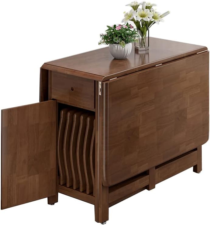 CELCUT Solid wood table and chair set home mobile folding dining table 1.3M with chair storage ...