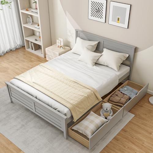 Amazon.com: KOMFOTT Full Size Wood Bed Frame with 2 Storage Drawers ...
