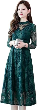 Amazon | [EDREES] フォーマルドレス 結婚式 お呼ばれ ドレス レディース ロング丈 丸首 長袖 レース 刺繍 ベルト レースワンピース パーティードレス お洒落 エレガント ...