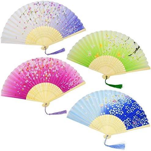 KEYIDO 4 Pcs Hand Folding Fans for Women Handheld Folding Fan Silk ...