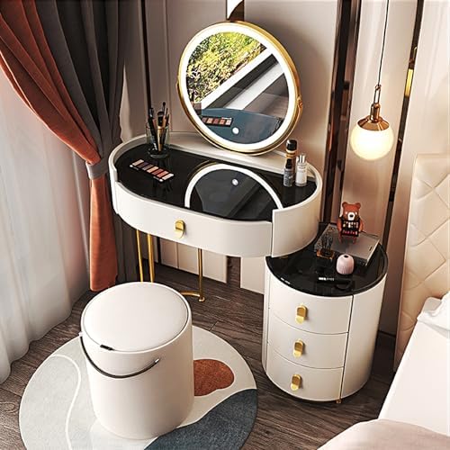 3-in-1 Dressing Table with Folding Mirror and Wheelstool, LED Lights ...