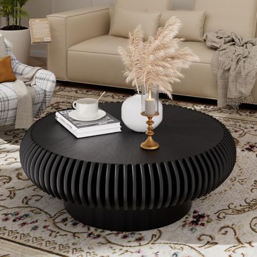 Amazon.com: ZUOWENYG Black Round Drum Coffee Table Modern Fluted Wood ...
