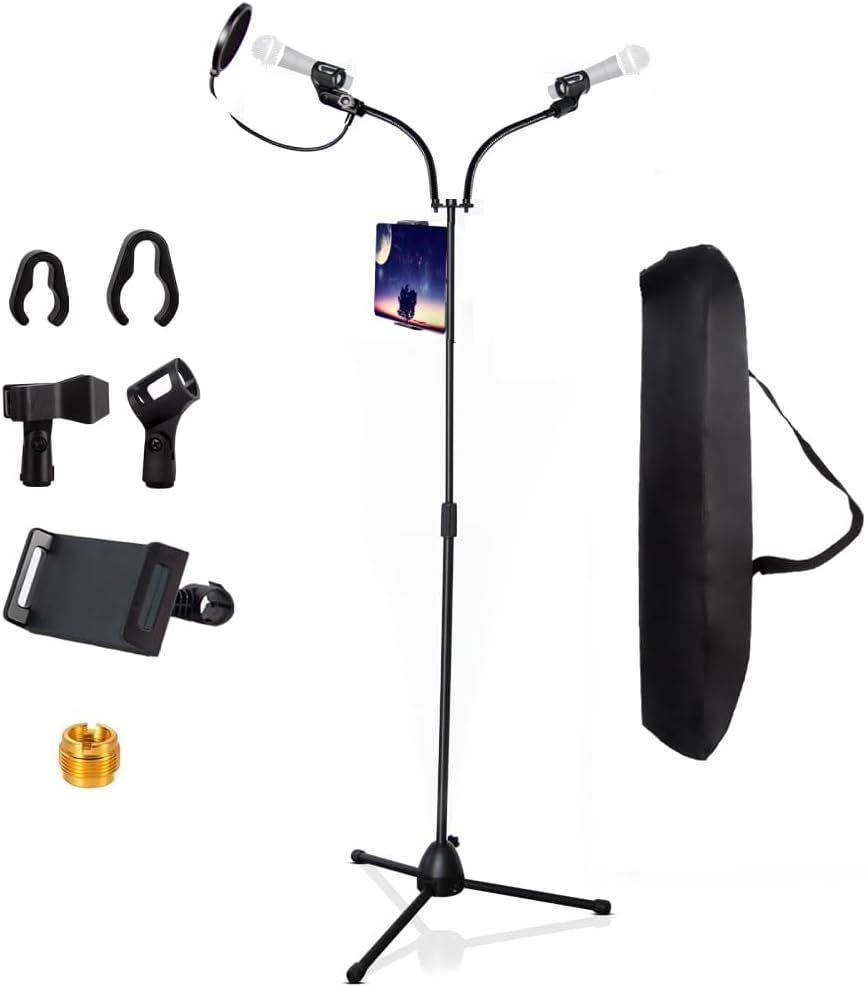 Amazon.com: UPDATED Double Gooseneck Microphone Stand for Singing ...
