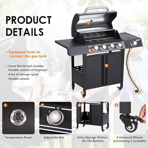 MAGIC UNION 4-Burner Propane Gas BBQ Grills with Side Burner, Cast Iron ...