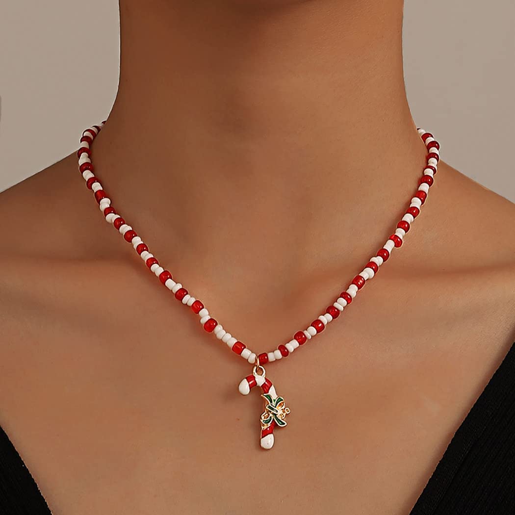 Amazon.com: Sixexey Christmas Candy Cane Necklace Beaded Necklaces ...