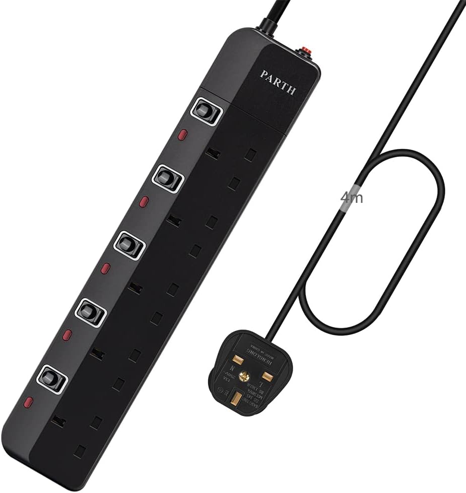 4-Gang Extension Trailing Lead - Black Multi Plug Power Cable - 1m / 2m ...