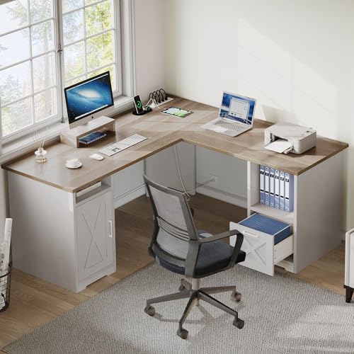 Amazon.com: MU L Shaped Desk with File Drawer, 60 Inch Corner Desk with ...