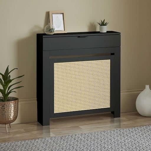 Radiator Cover Black & Rattan Painted MDF Cabinet Modern Storage Drawer ...