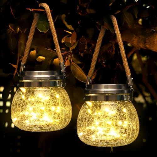 HUASENG Solar Lanterns Outdoor,2 Pack Outdoor Waterproof Hanging Glass ...