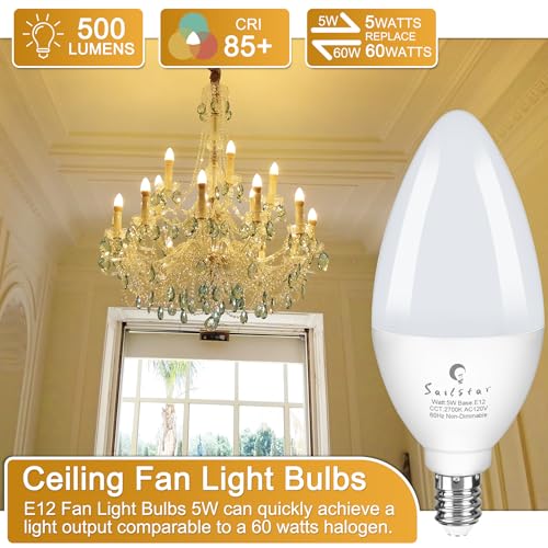 Sailstar E12 LED Bulb 60W Equivalent, 500 Lumens, Ceiling Fan Light ...