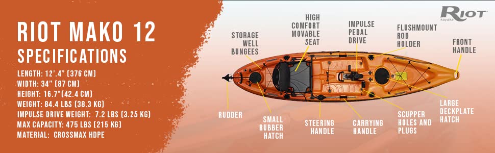 ‎Riot Kayaks Mako 12' Fishing Yak with Impulse Pedal Drive, Orange/Yellow - Yakassault.com