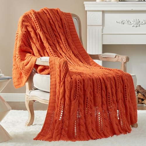 Amélie Home Fall Orange Cable Knit Wool Throw Blankets Soft Cozy and ...