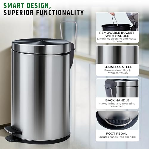 Robustt Dustbin with Pedal - 5L | Silver Stainless Steel trash can | 7 ...