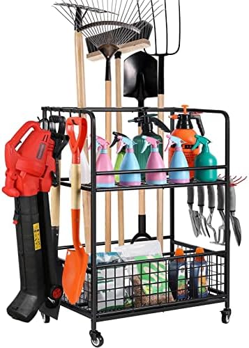 Garden Tool Storage Organizer with Wheels, Yard Tool Stand Holder Racks ...