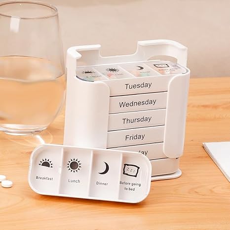 Portable 7-day large capacity pill box, 7 stackable trays, 28 pill ...