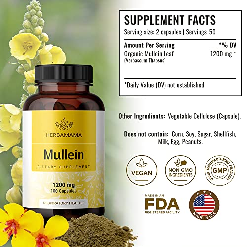 HERBAMAMA Mullein Leaf Capsules Respiratory Health - Organic Mullein ...