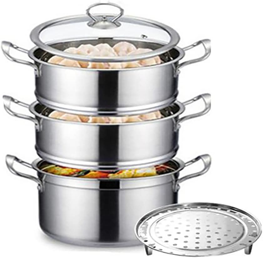 Amazon｜蒸し鍋 二段三段 蒸し器 深型 （22cm-30cm）複数サイズ 【3層底】 対応熱源：IH対応 各種熱源対応 ガラス鍋蓋付ステンレス 蒸し器 蒸しもの鍋 蒸し料理 多機能 (3 ...