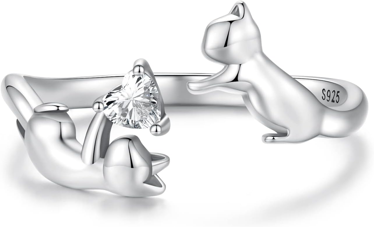 Amazon.com: Cute Cat with Love Heart Open Statement Ring 925 Sterling ...