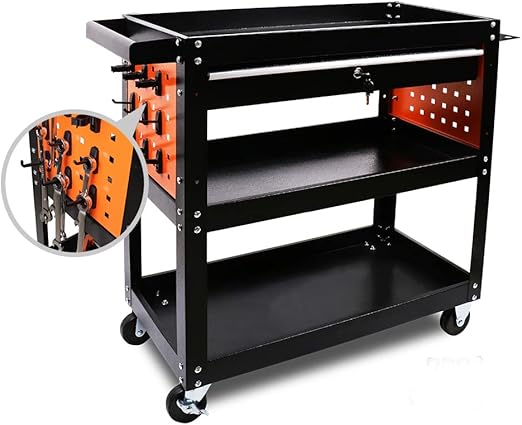 HORUSDY One-Drawer Tool Cart, Lockable Workshop Storage Trolley Steel ...