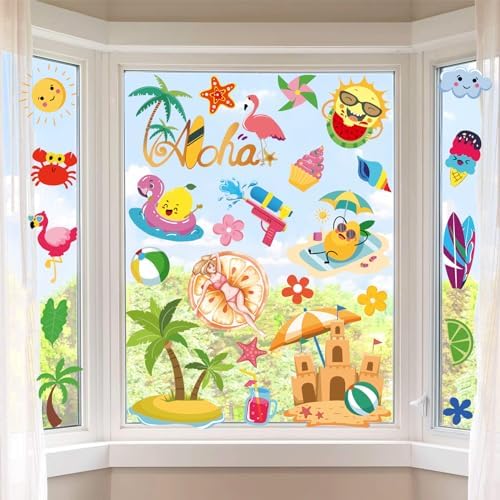 Amazon.com: AUGSUN 126PCS Summer Window Clings Cartoon Sun Beach Drinks ...