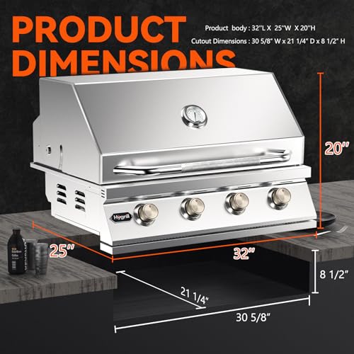 Hygrill 32-Inch Built In Grill, Stainless Steel 4-Burner Grill Head for ...