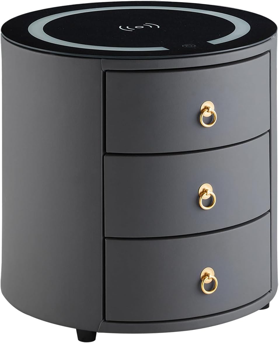 TUKAILAi Luxurious Round Bedside Table with Wireless Charging Faux ...