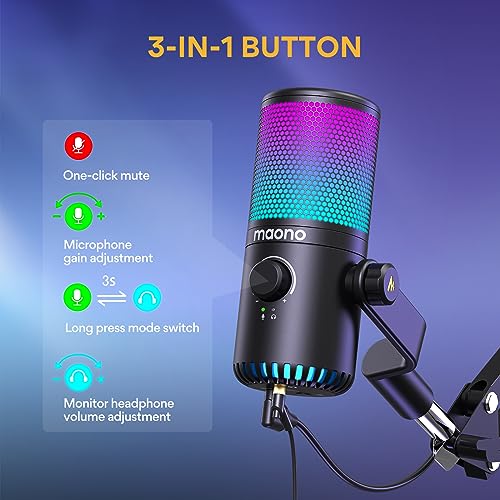 MAONO Gaming USB Microphone with Software, Metal Programmable RGB Mic ...