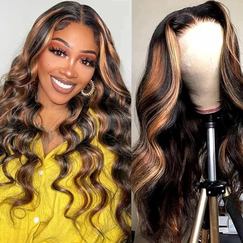 Amazon.com : haha Balayage Highlight Lace Front Wig Human Hair 13x4 Body Wave Frontal Wig Honey ...