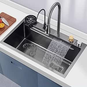 Black Nano Kitchen Sink 304 Stainless Steel Raindance Waterfall Home ...