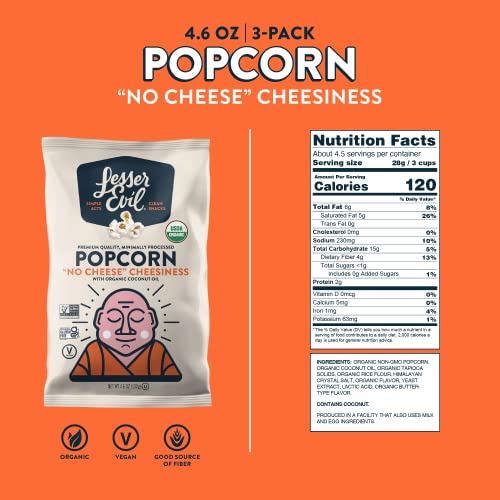 LesserEvil No Cheese Cheesiness Organic Popcorn, Premium Quality ...