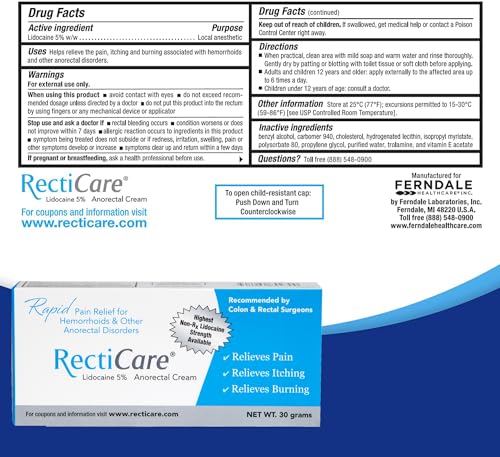 Recticare Anorectal Lidocaine 5% Cream: Topical Numbing Cream for ...