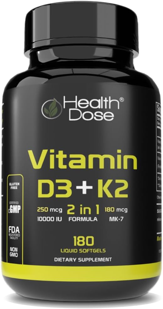 Amazon.com: Health Dose Vitamin D3 10,000 IU + K2 (MK7) Supplement, 2 ...