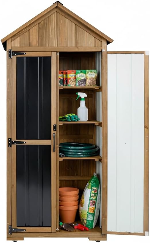 Amazon.com : Outdoor Storage Cabinet with Shelves, Wood & Metal Storage ...