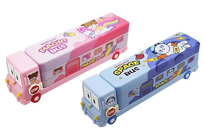 VIKNIK School Bus Pencil Box for Kids - Pack of 2 Compass Box for Girls ...
